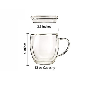 2 Pack -12 oz Clear Double Wall Glass Coffee Mug with Lid | Insulated Heat Proof Glass Tea Cup Mug with Handle | Perfect for Cappuccino Tea Latte Hot Beverage Wine Microwave Safe