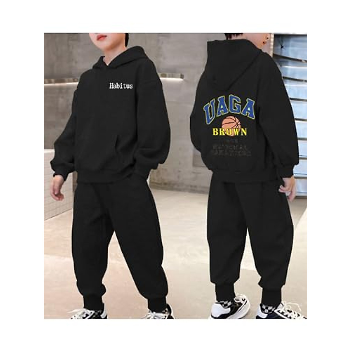 Doomiva Boys Athletic Sweatshirt Hoodie Tracksuit Kids Hooded Tee Shirts and Running Pants Sweatpants with Pockets Set Black 7-8 Years
