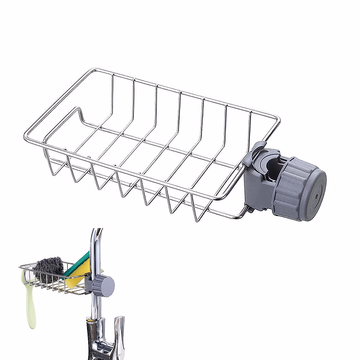 Kitchen Sink Caddy Organizer Over Faucet Sponge Holder, Stainless Steel Heavy Duty Thickening Hanging Faucet Drain Rack for Scrubbers, Soap, Bathroom, Detachable No Suction Cup or Magnet (Faucet Rack)