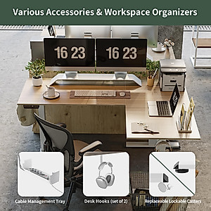 FEZIBO Triple Motor L-Shaped Electric Standing Desk, Height Adjustable Stand up Corner Desk, 63 Inches Sit Stand Workstation with Splice Board, White Frame/Light Walnut Top