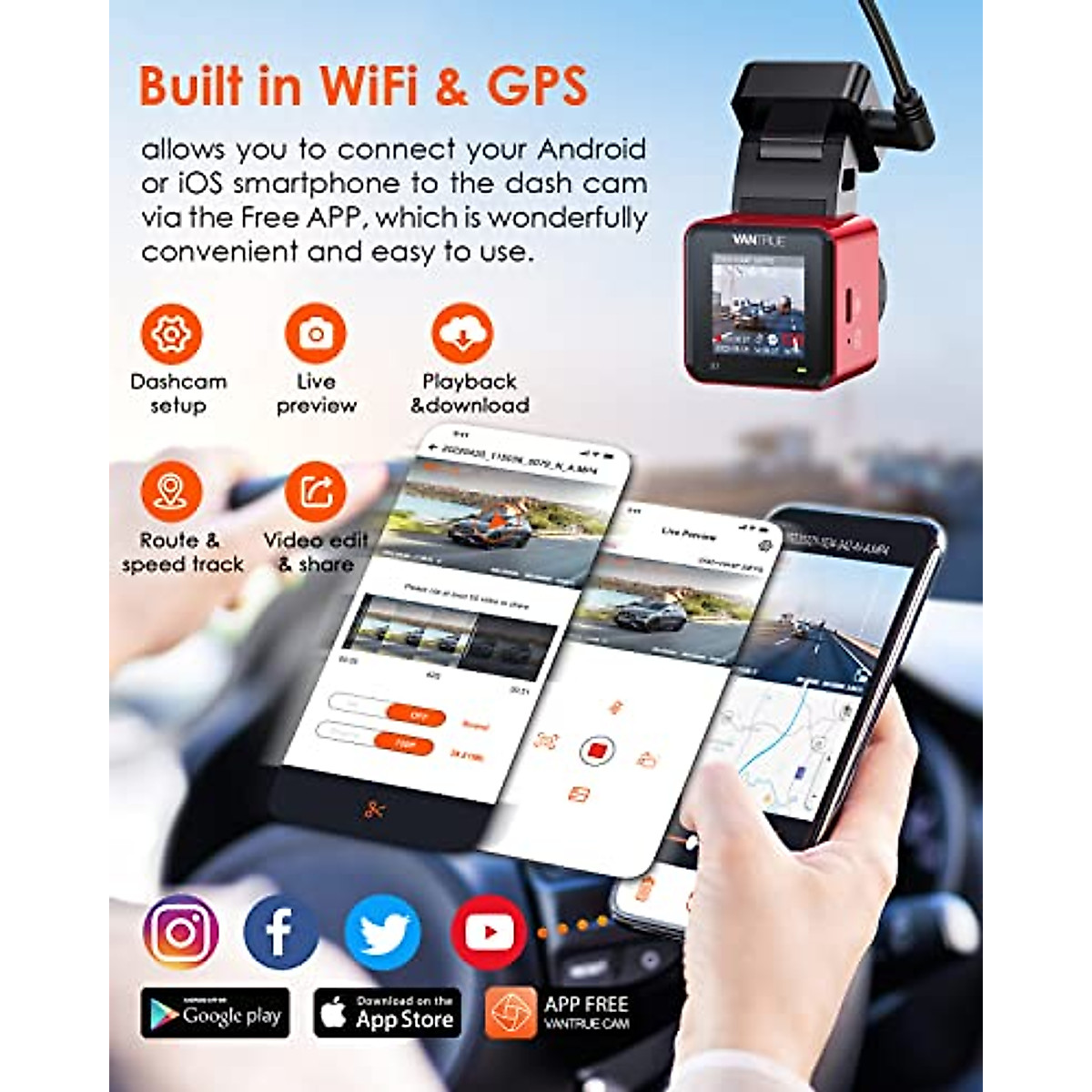 Vantrue E1 2.7K WiFi GPS Mini Dash Cam 1944P Voice Control 1.54" LCD Front Red Car Camera with Free APP, Night Vision, 24 Hours Buffered Motion Parking Mode, Wireless Controller, Support 512GB Max