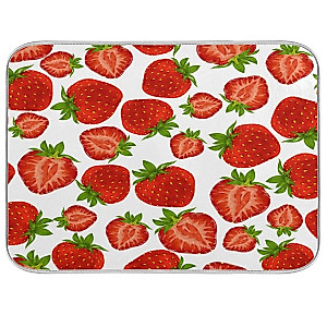 Baofu Dish Drying Mat for Kitchen Counter, Summer Strawberry Fruit Ultra Absorbent Reversible Microfiber Dishes Drying Rack Pad Heat-resistant Mats 16x18in
