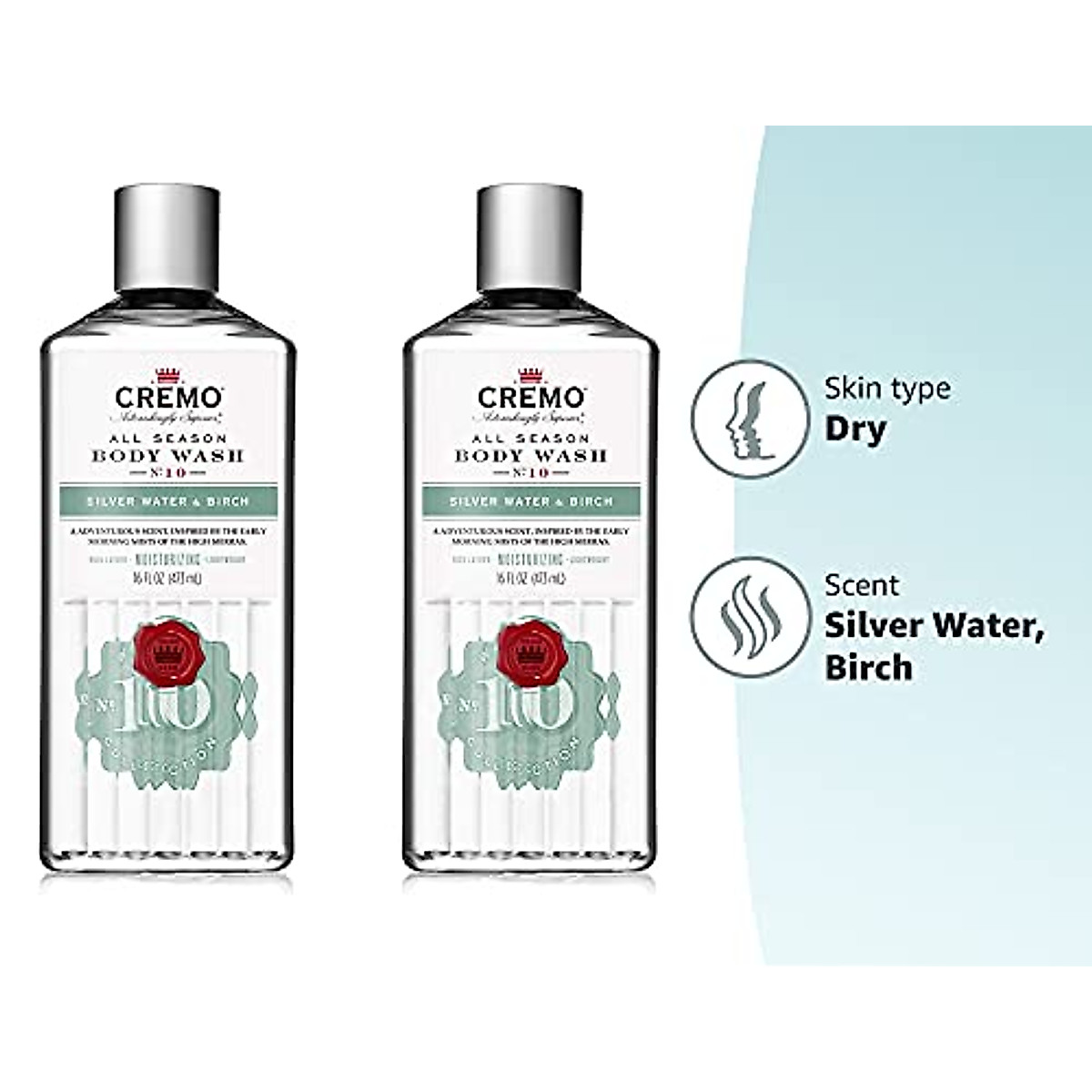 Cremo Rich-Lathering Silver Water & Birch Body Wash, A Revitalizing Combination of Glacier-Fed Streams and White Birch 16 Fl Oz (2-Pack)