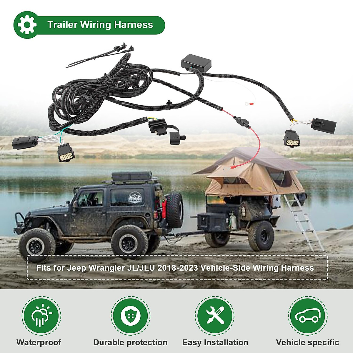 Trailer Wiring Harness Kit 4-Pin Fits for Jeep Wrangler JL/JLU 2018-2023 Vehicle-Side Wiring Harness