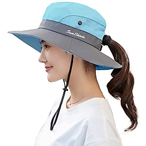 ZOORON Women's Ponytail Safari Sun Hat Mesh Wide Brim UV Protection Outdoor Bucket Hat Foldable Beach Summer Fishing Hat, blue