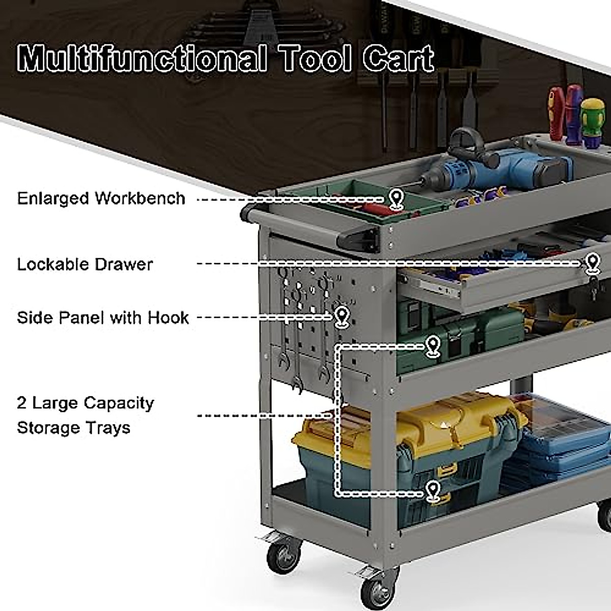 MOOLINCO 3 Tier Rolling Tool Cart with a Lockable Drawer and 4 Universal Wheels, Removable Tool Cart, Large Storage Capacity Tool Cart on Wheels, Suitable for Garage or Warehouse(New Grey)