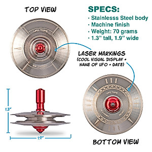 UFO Tops - Height 611 | Metal Spinning Top | Inspired by The 1986 Soviet Union UFO Incident | Raw Stainless Steel UFO Body and Fireball Red Power Core™