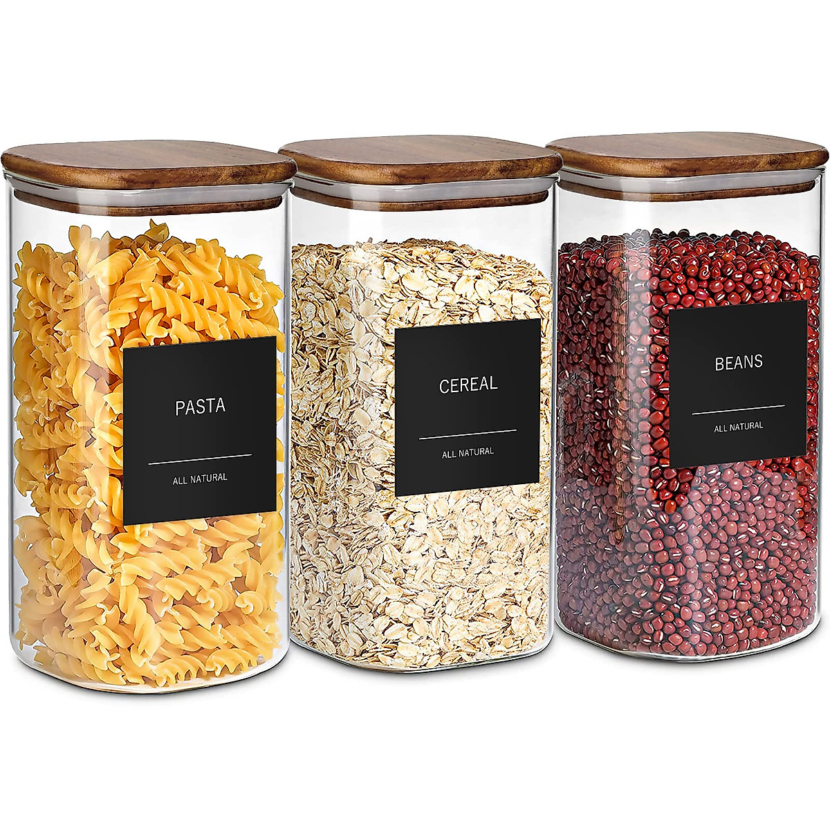 GMISUN Airtight Glass Storage Canister with Lid, 50oz Clear Glass Food Containers with Bamboo Lids, Square Kitchen Pantry Food Canister Jars for Pasta Coffee Beans Flour Cereal, 3 Pack
