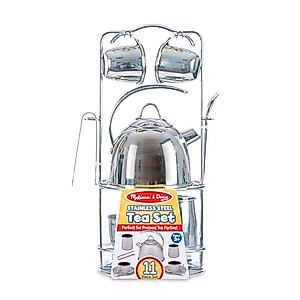 Melissa & Doug Stainless Steel Pretend Play Tea Set and Storage Rack for Kids (11 pcs)