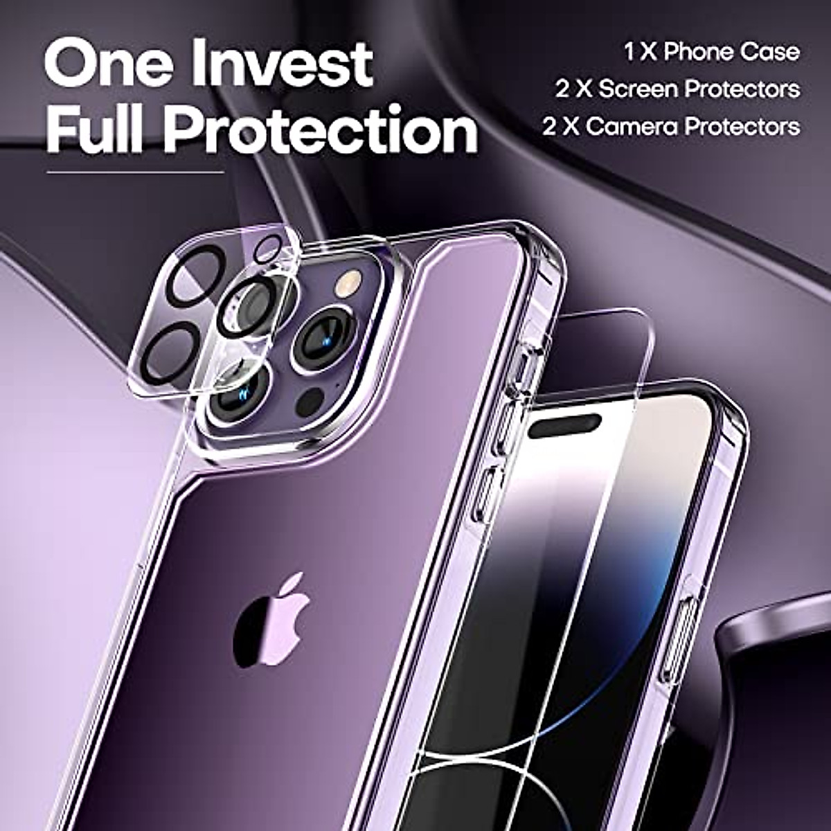 TAURI 5-in-1 for iPhone 14 Pro Case Clear, [Not Yellowing] with 2X Screen Protectors + 2X Camera Lens Protectors, [Military Grade Drop Protection] Shockproof Slim Phone Case for iPhone 14 Pro