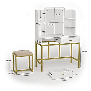 AOUSTHOP Vanity Set with Lighted Mirror, Makeup Vanity Dressing Table with LED Lights, Storage Shelves, Cushioned Stool & 2 Drawers, Dresser Desk for Bedroom, Gold-White