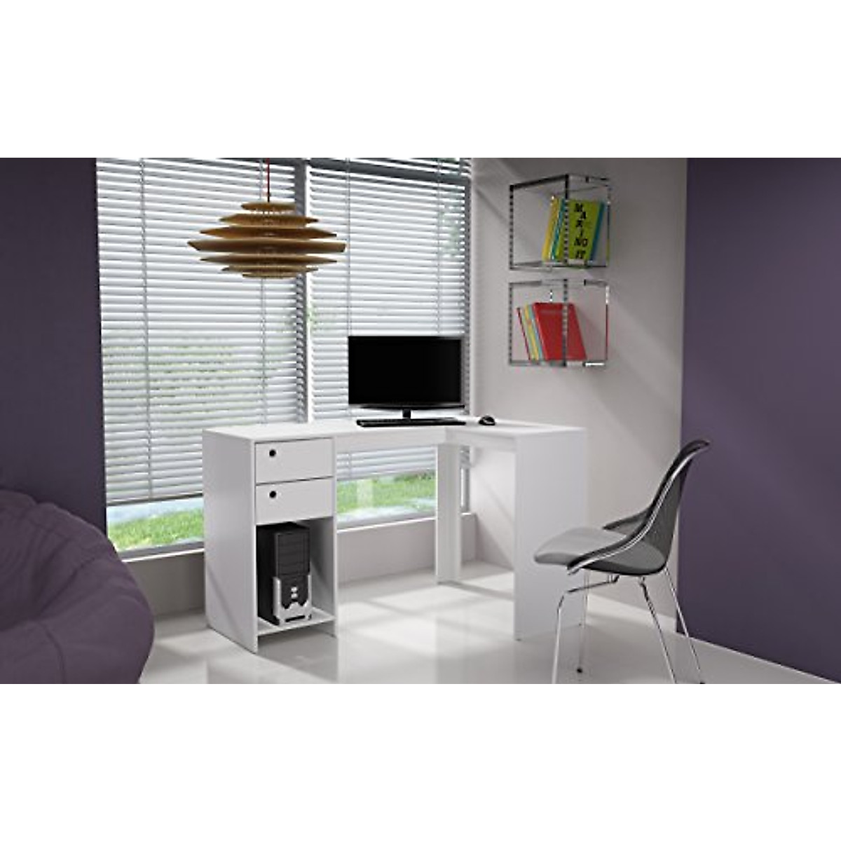 Manhattan Comfort Palermo Classic L-Shaped Office Work Desk With 2 Drawers and 1 Cubby, White