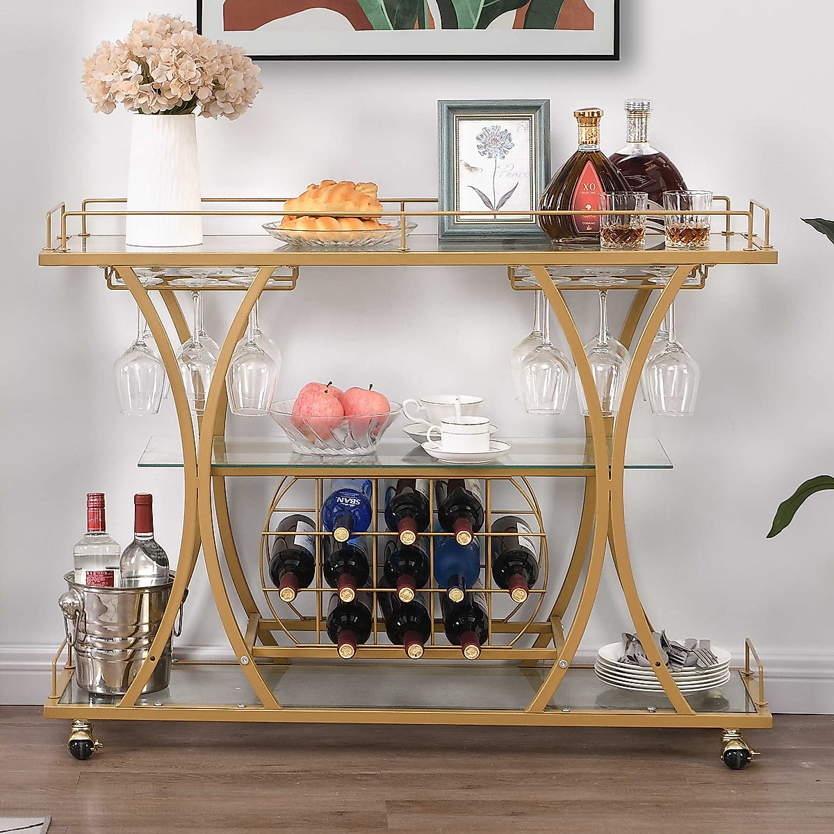 HOMYSHOPY Bar Serving Cart with Glass Holder and Wine Rack, 3-Tier Kitchen Trolley Tempered Shelves Gold-Finished Metal Frame, Mobile for Home (Gold)