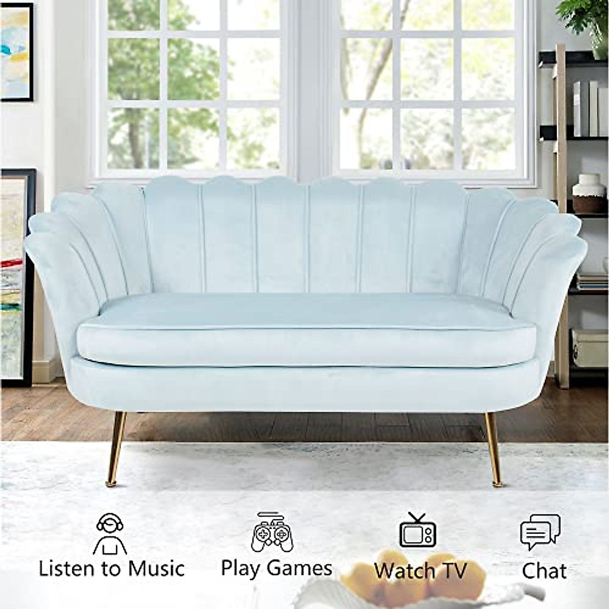 QHITTY Velvet Loveseat, 58'' Velvet Sofa Accent Couch Settee Upholstered Chair, 2 Seater Small Loveseat for Small Spaces, Living Room (Light Blue)