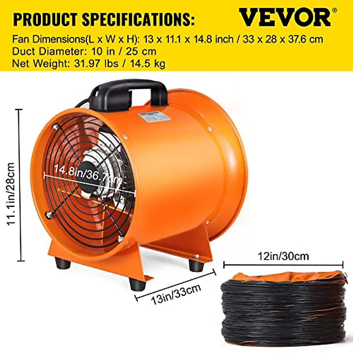 VEVOR Utility Blower Fan 10 inch with 10M Duct Hose,250MM Portable Ventilator,0.45HP 1520 CFM High Velocity Utility Blower,Mighty Mini Low Noise,for Factories Basements Shipyards Farm