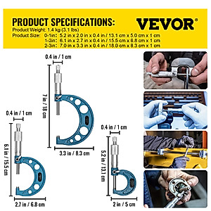 VEVOR Outside Micrometer Set, 0-3" Machinist Micrometer, 0.0001" Graduation Micrometer Set, 3 Pcs Machinist Tool Set, Alloy Precision Micrometer, Laser-Etched Micrometer Standard Set with Fitted Case