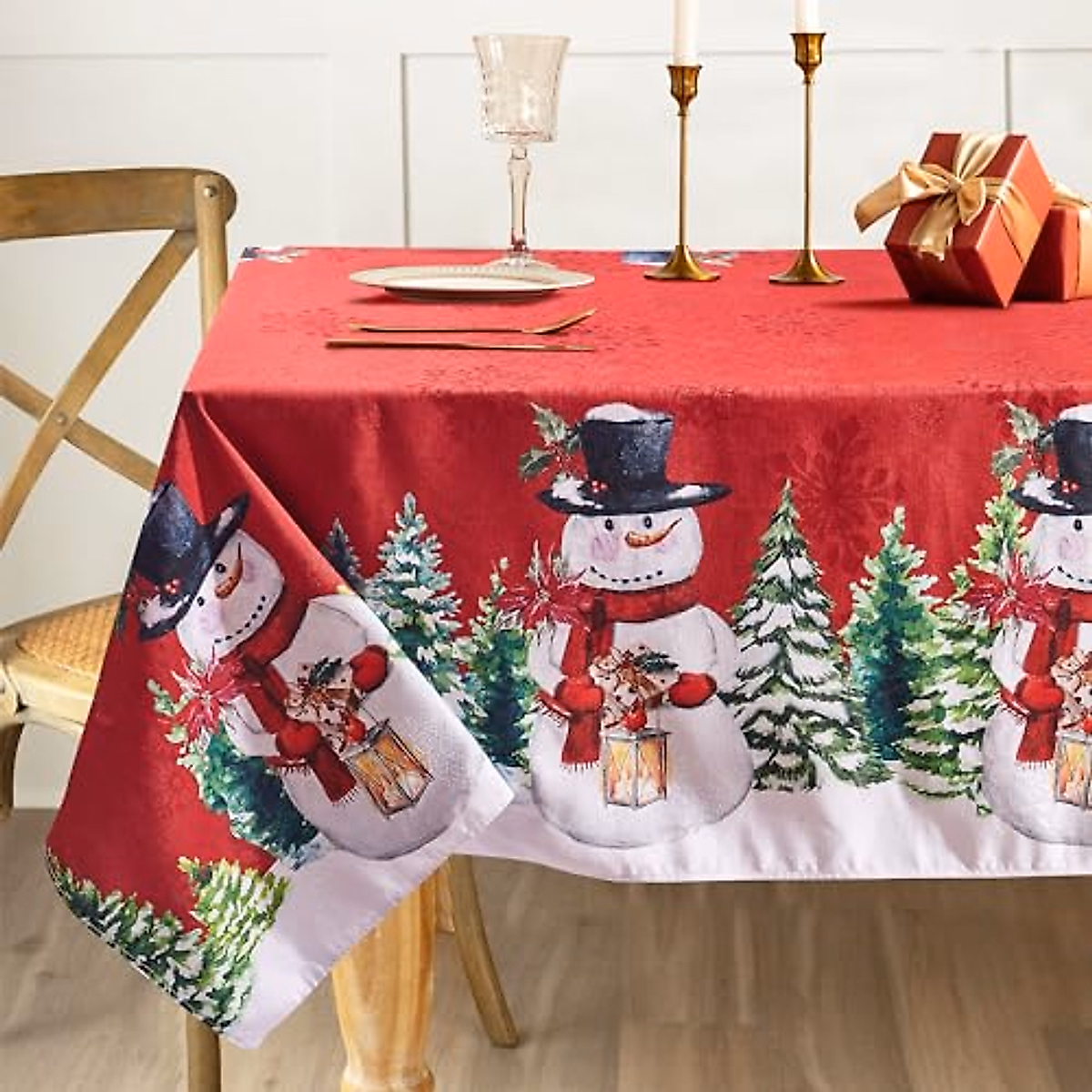 ARIDUR Square Christmas Tablecloth 52x52 Inch with Snowman and Snowflake Patterns,Red Jacquard Damask Fabric Table Cloth for Holiday Decoration and Winter