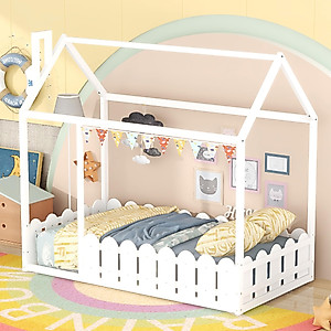 MERITLINE Twin House Bed for Kids Wood Playhouse Bed Frame with Rails & Roof, Montessori Floor Bed for Girls Boys Teens (White)