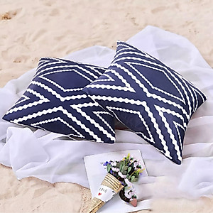 Adabana Outdoor Waterproof Boho Throw Pillow Covers Geometric Pillow Cases for Patio Garden Set of 2, 18 X 18 Inches Navy Blue