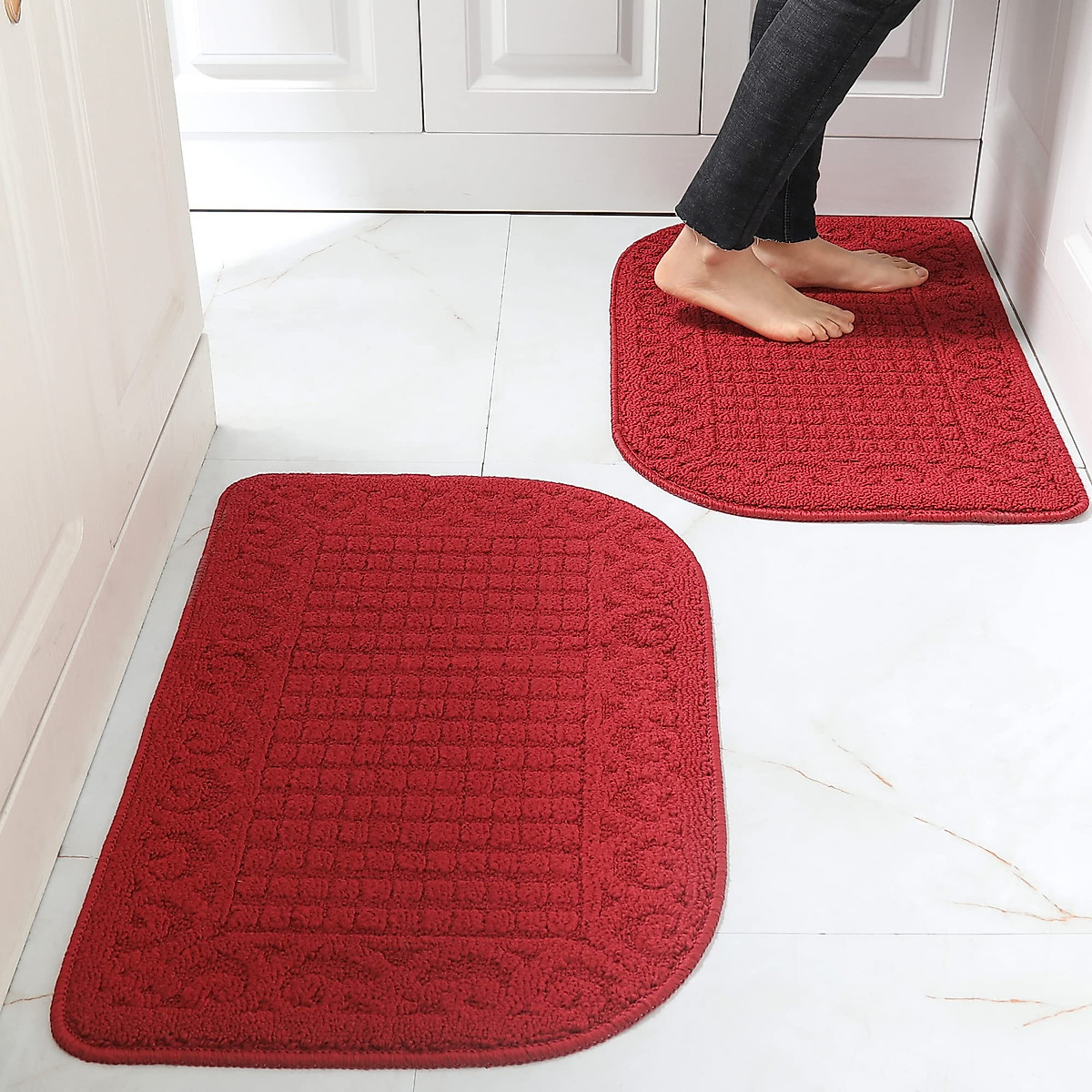 COSY HOMEER 27X18 Inch Anti Fatigue Kitchen Rug Mats are Made of 100% Polypropylene Half Round Rug Cushion Specialized in Anti Slippery and Machine Washable,Burgundy (2 pcs)