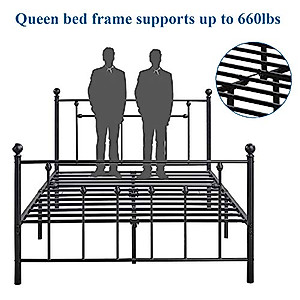 VECELO Queen Size Metal Platform Bed Frame with Headboard and Footboard, Sturdy Steel Slat Support/No Box Spring Needed Mattress Foundation/Easy Assemble，Victorian Style,Matte Black