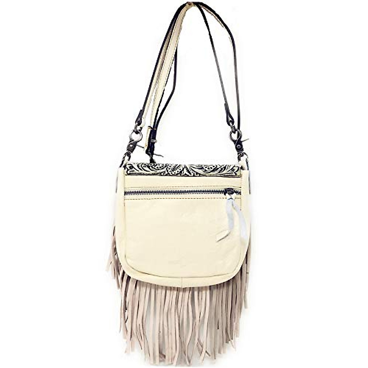 Texas West Western Genuine Leather Cowgirl Crossbody Messenger Fringe Laser Cut Purse Bag in 5 colors (White/Beige)