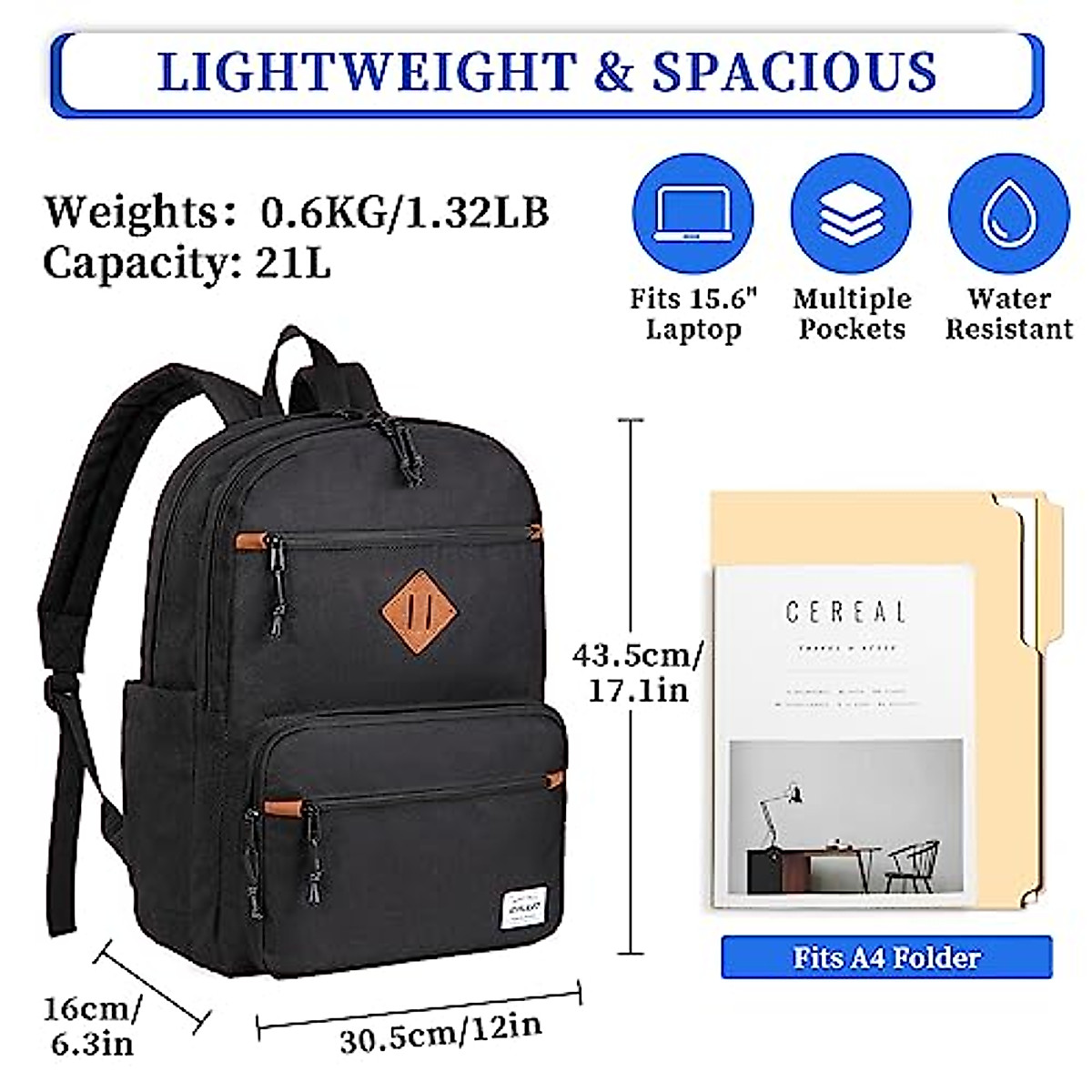 RAVUO School Backpack, Classic Lightweight Bookbag for Men Water Resistant Women Daypack Bag with Multi Pockets for High School,College,Travel,Work Black