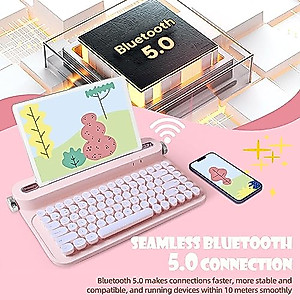 PolaTab ACTTO Retro Bluetooth Wireless Keyboard, 84 Keys Typewriter Style Keyboard with Built-in Stand for iPad, Tablet, iPhone, Smart Phone, PC, Connect up to 3 Devices (B305, Baby Pink)