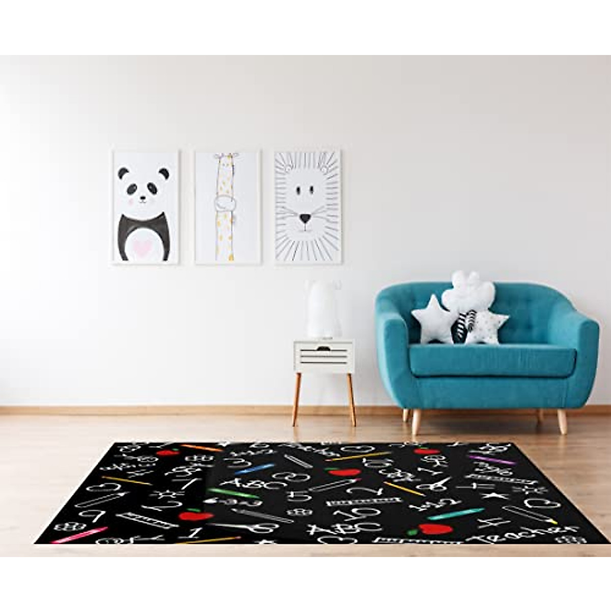 LOKMU Non-Slip Area Rugs Back to School Blackboard Chalk Drawings Crayons Markers Rulers Home Decor Rugs Carpet for Classroom Living Room Bedroom Dining Kindergarten Room 5'x7'