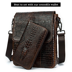 NIUCUNZH Leather Flap Messenger Bag for Men Small Crossbody Shoulder Bag,Novelty Crocodile Embossed Coffee