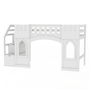 Harper & Bright Designs Twin Size Loft Bed with Storage Staircase and Window, Wood Playhouse Bed Frame with Storage for Boys, Girls, Gray,White