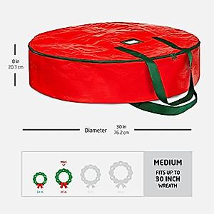 Zober Christmas Wreath Storage Container - 30 Inch Wreath Bag for Artificial Wreaths - Dual Zippered Wreath Storage W/Strong, Durable Handles - Red