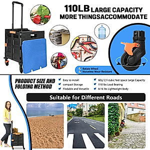 Foldable Utility Cart Folding Portable Rolling Crate Handcart Handcart Shopping Trolley Wheel Box with Lid,360°Rotate Wheels,Heavy Duty Durable Dolly Cart for Teacher Tourist Shopping Office Outdoor