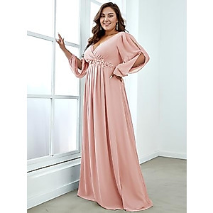 Ever-Pretty Plus Women's Maxi Deep V Neck Long Sleeves Formal Evening Dress Plus Size Pink US14