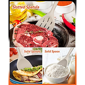 Pack of 3 Silicone Spatula, Non Stick Cooking Utensil Set Wooden Handle Kitchen Turner for Baking Mixing Grilling Serving Food Heat Resistant Non Scratch Hooks Included,Khaki