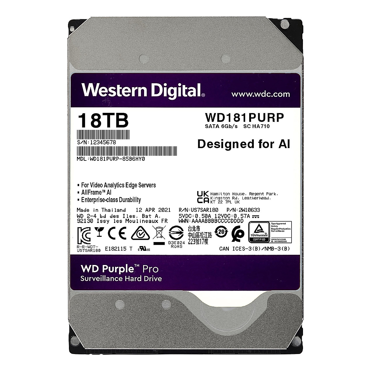 Western Digital 18TB WD Purple Pro Surveillance Internal Hard Drive HDD - SATA 6 Gb/s, 512 MB Cache, 3.5" - WD181PURP