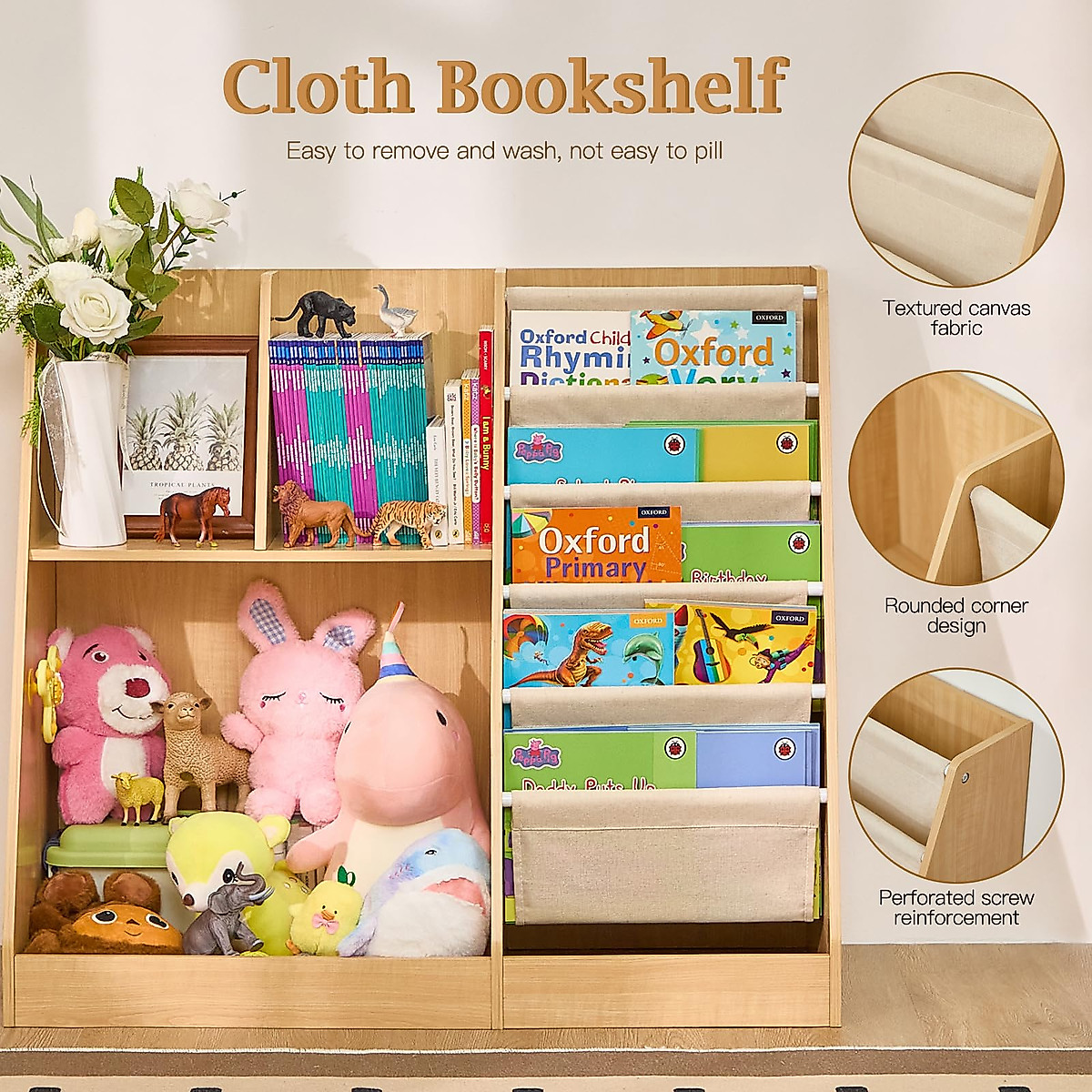 LEZASTAR Kids Bookshelf and Toy Storage, Kids Wooden Bookshelf with Layer Sling Bookcase, Sling Book Shelf and Toy Storage for for Playroom, Kids Room, Classroom, Nursery (Natural)