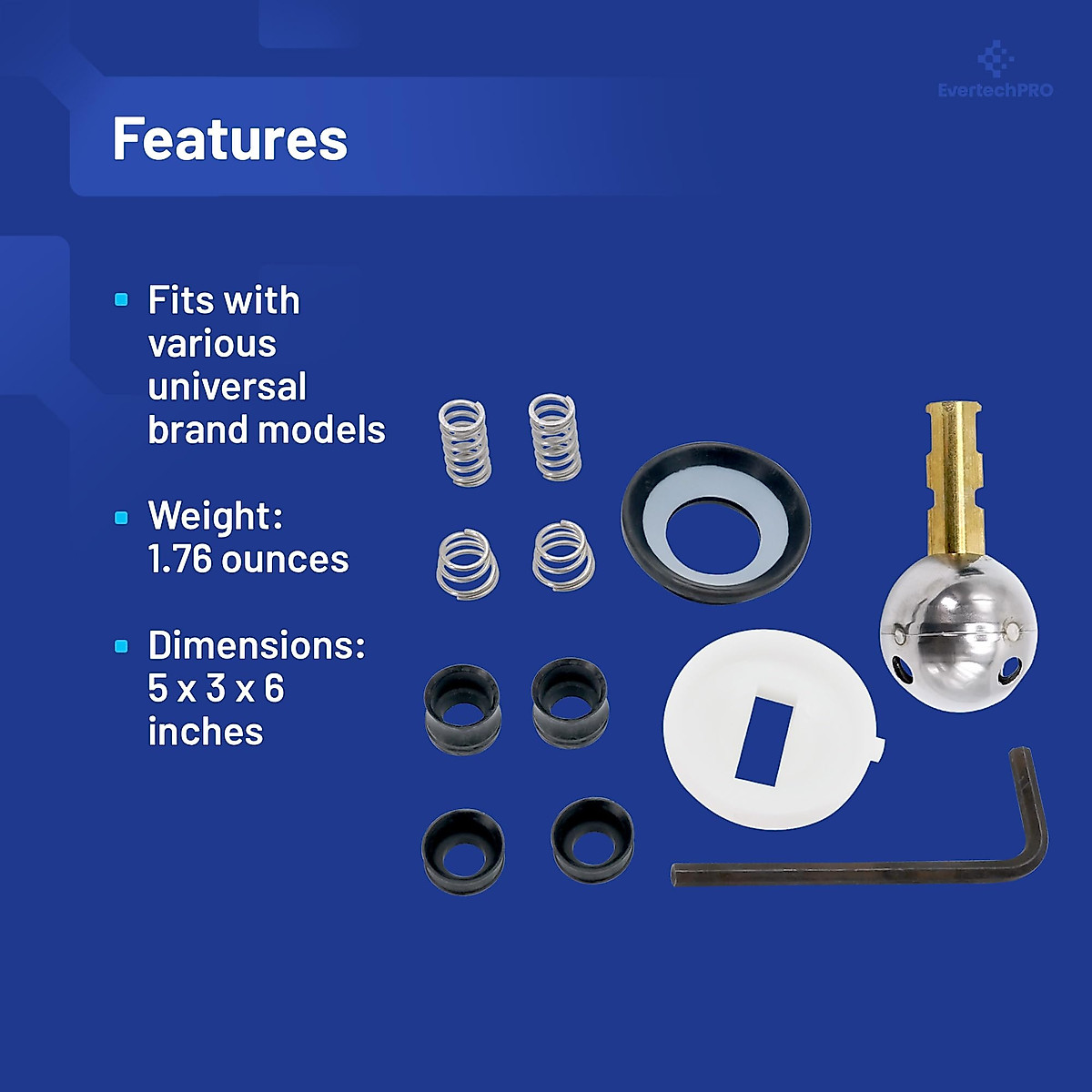 PLBDA02 EvertechPRO fits Delta Faucet Repair Kit Stainless Steel Ball, Tooling Replacement Cam, White Slot Hole and Black Parts, Allen Key, 4 Pcs Seal Kits, 4 Springs, fits Delta