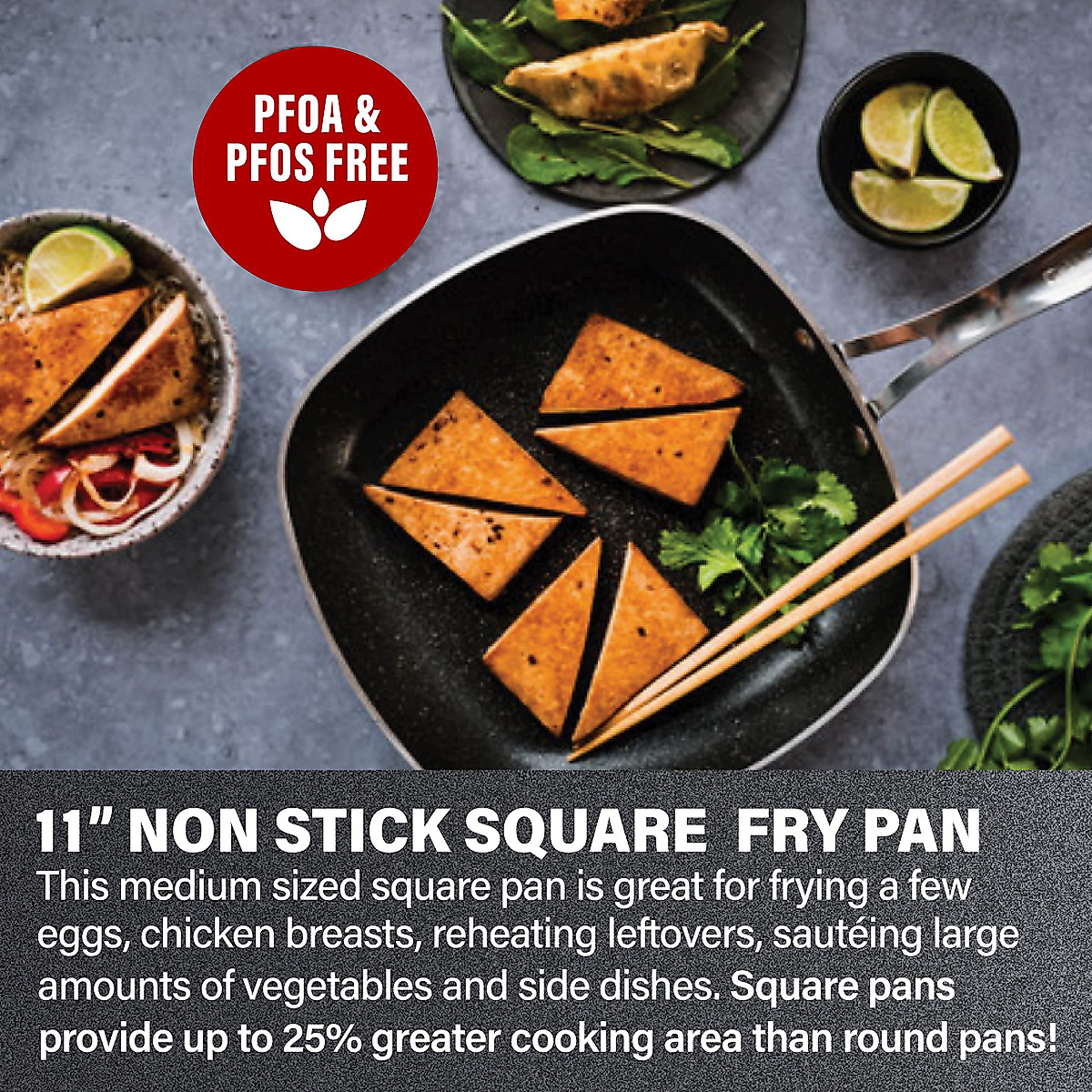 Granitestone 11" Shallow Square Frying Pan Nonstick Skillet, Scratchproof Diamond Infused Coating, No-warp Mineral-enforced Cookware Dishwasher Oven Safe PFOA-Free Kitchenware - As Seen On TV