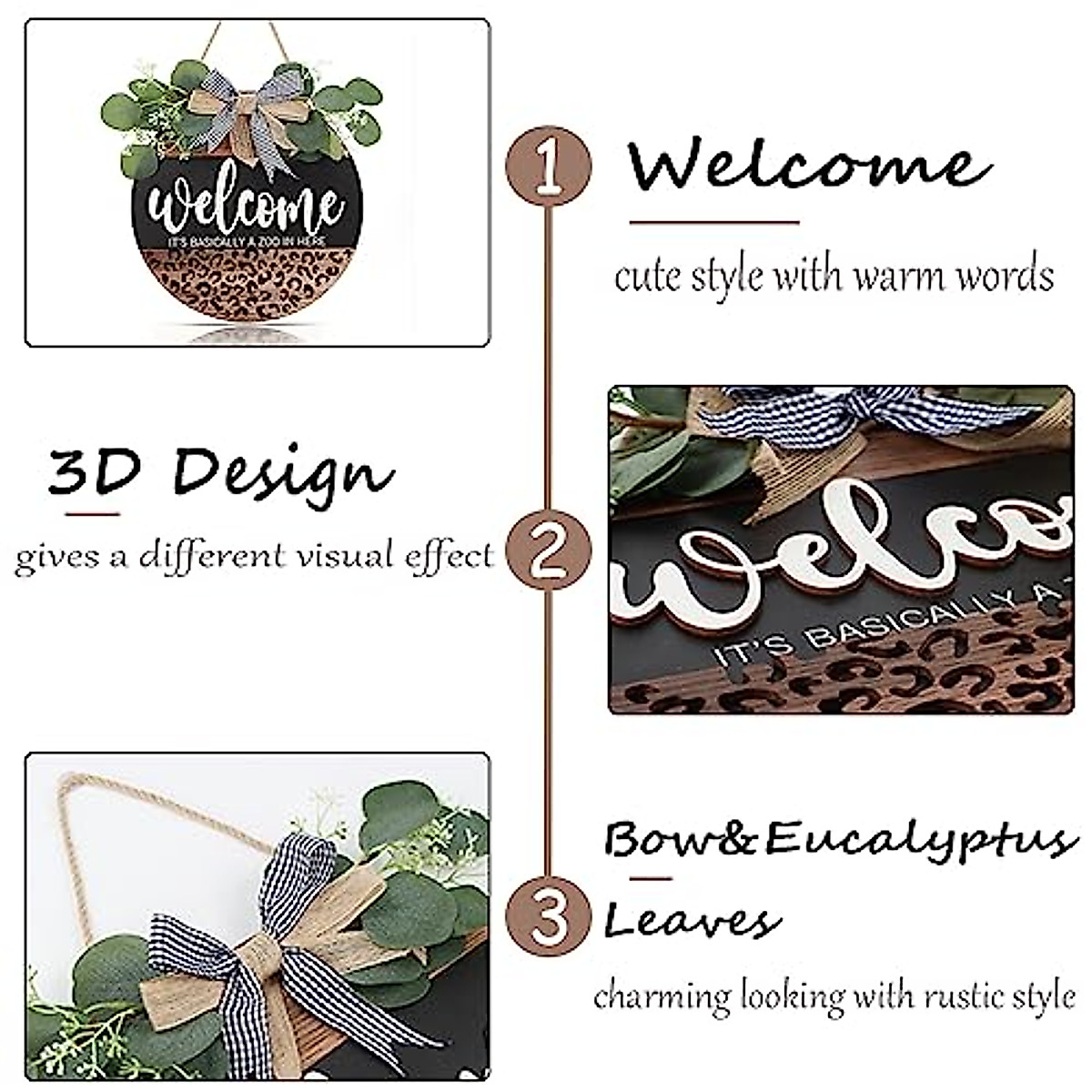 FWIEXA 3D Welcome Door Sign Wreath Wall Decor, It's Basically A Zoo in Here Round Wood Hanging Sign (11.4”x11.4”), Funny Hollow Leopard Pattern Decoration for Yard Garden Farmhouse Outdoor