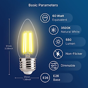 FLSNT 60W Equivalent LED Chandelier Light Bulbs, Dimmable LED B11 E26 Candelabra Base Bulbs, 3500K Natural White, 550LM, 6 Pack