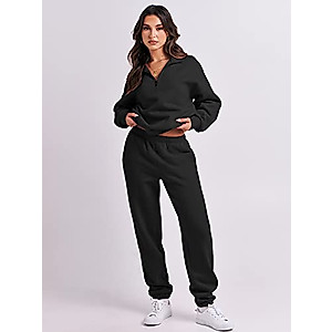 ANRABESS Women's Oversized Long Sleeve Lounge Sets Casual Top and Pants 2 Piece Outfits Sweatsuit with Pockets Black Ci776-hei-S