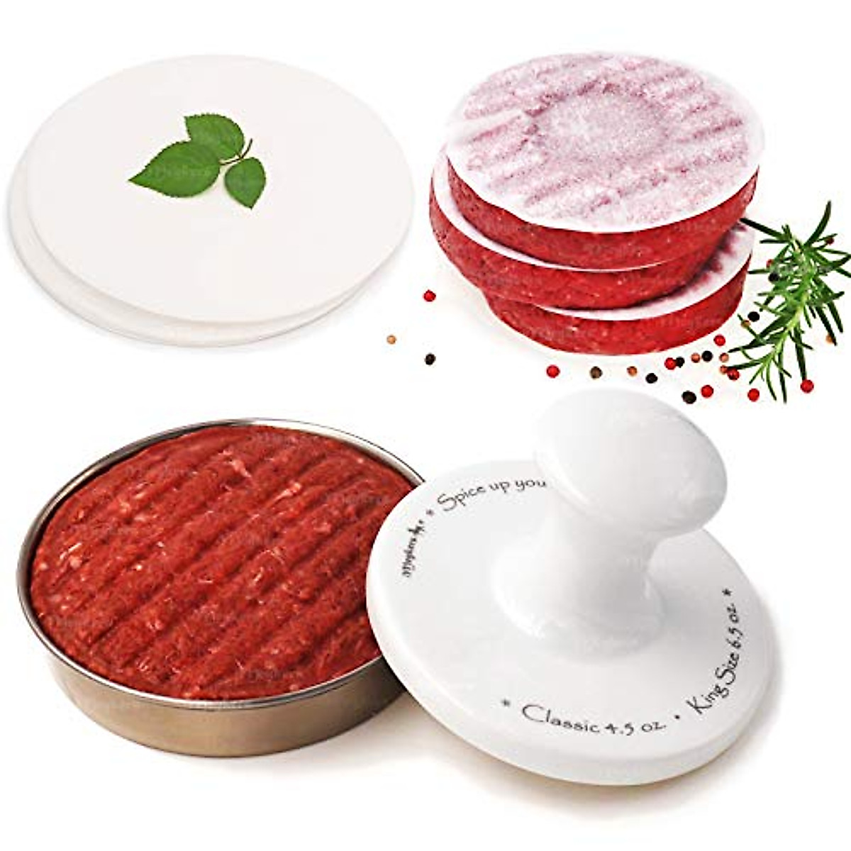 Meykers Burger Press 5" Hamburger Press Patty Maker | Patty Press Burger Mold Ring | with 100 Patty Papers | Porcelain Smasher Stainless Steel Shaper Smash for Meat Beyond Veggie Turkey Vegan Beef