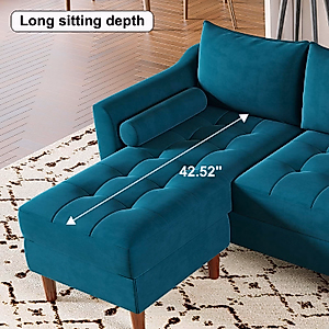 Belffin Reversible Sectional Sofa Couch Mid-Century Modern Velvet L Shaped Sofa 3-Seat Sofa Sectional with Reversible Chaise Foot Rest for Apartment and Small Space Peacock Blue