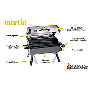 MARTIN Portable Propane Bbq Gas Grill 14,000 Btu Porcelain Grid with Support Legs and Grease Pan