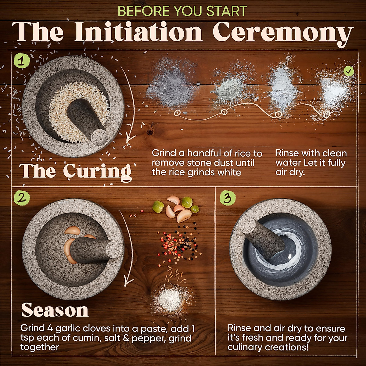 ChefSofi Mortar and Pestle Set - 6 Inch - 2 Cup Capacity - Unpolished Heavy Granite for Enhanced Performance and Organic Appearance - Included: Anti-Scratch Protector + Italian Recipes EBook