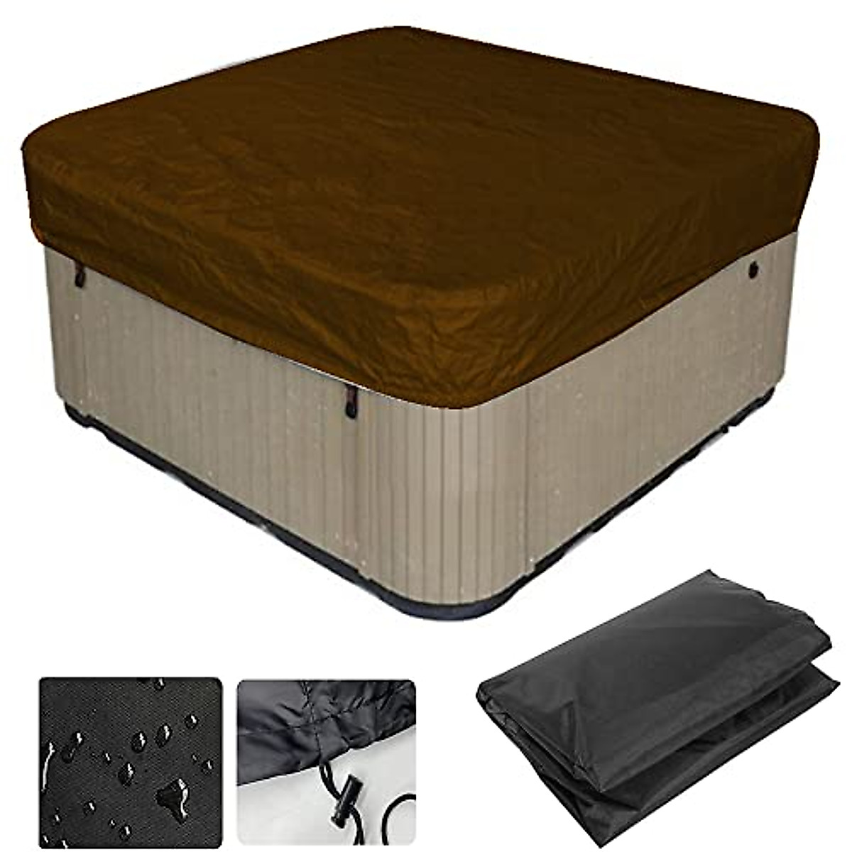 Klzzuk Waterproof Square Hot Tub Cover, UV-Resistant SPA Cover with Elastic Rope, Garden Hot Spring Bath Swimming Pool Furniture Dust Cover, 210D Oxford Cloth (220 * 220 * 90cm,Brown)