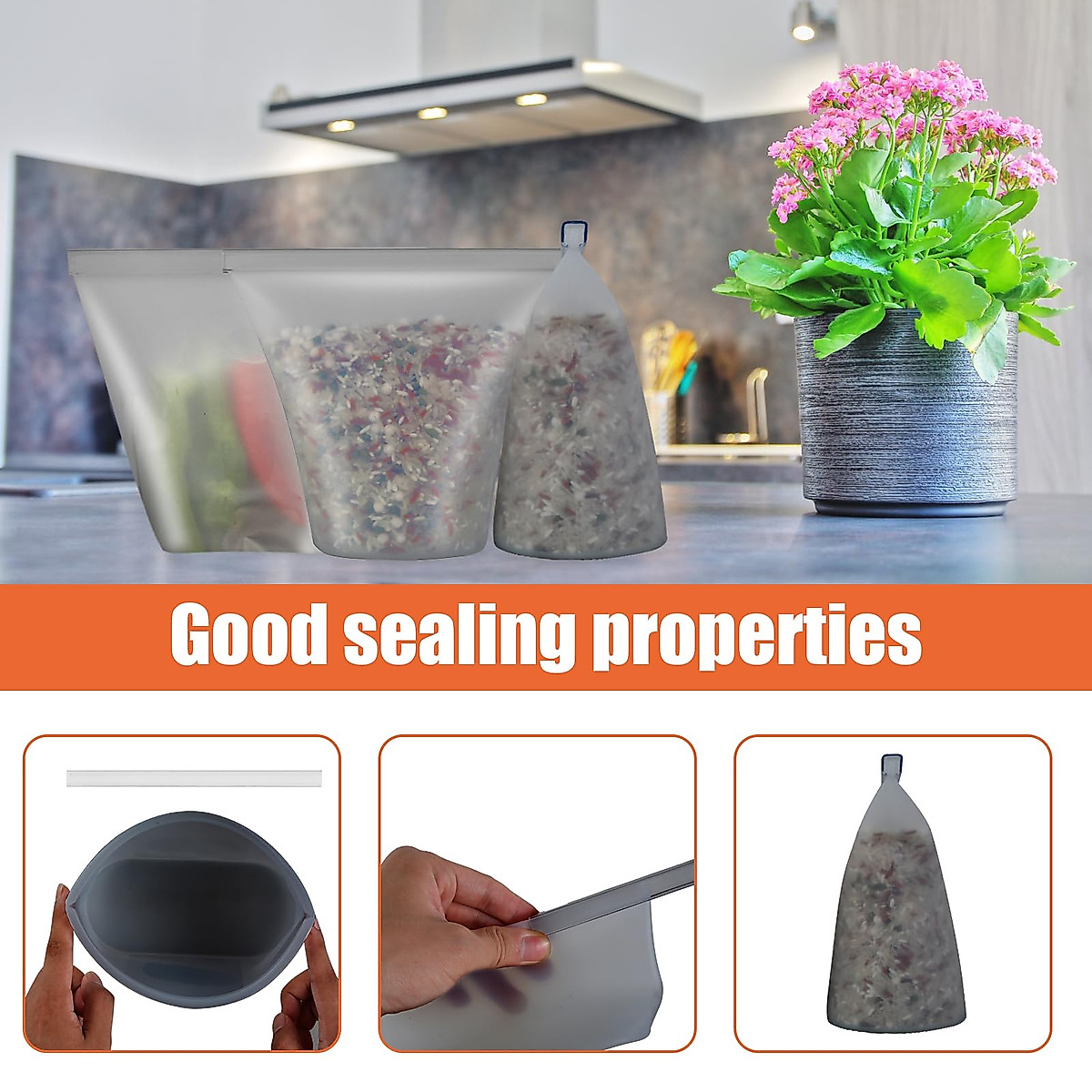 8 Pack Silicone Food Bags, Silicone Reusable Freezer Bag, Reusable Bags, Freezer Microwave Oven Dishwasher Safe for Food Leftover Travel Camping (Gray)