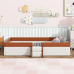 JIJIWANG Twin Size Soft Floor Bed with Stairs, PU Leather Upholstered Grounded Daybed, Low Profile Bed with Slat Support for Kids Boys Girls Teens Adults,（Brown+White）