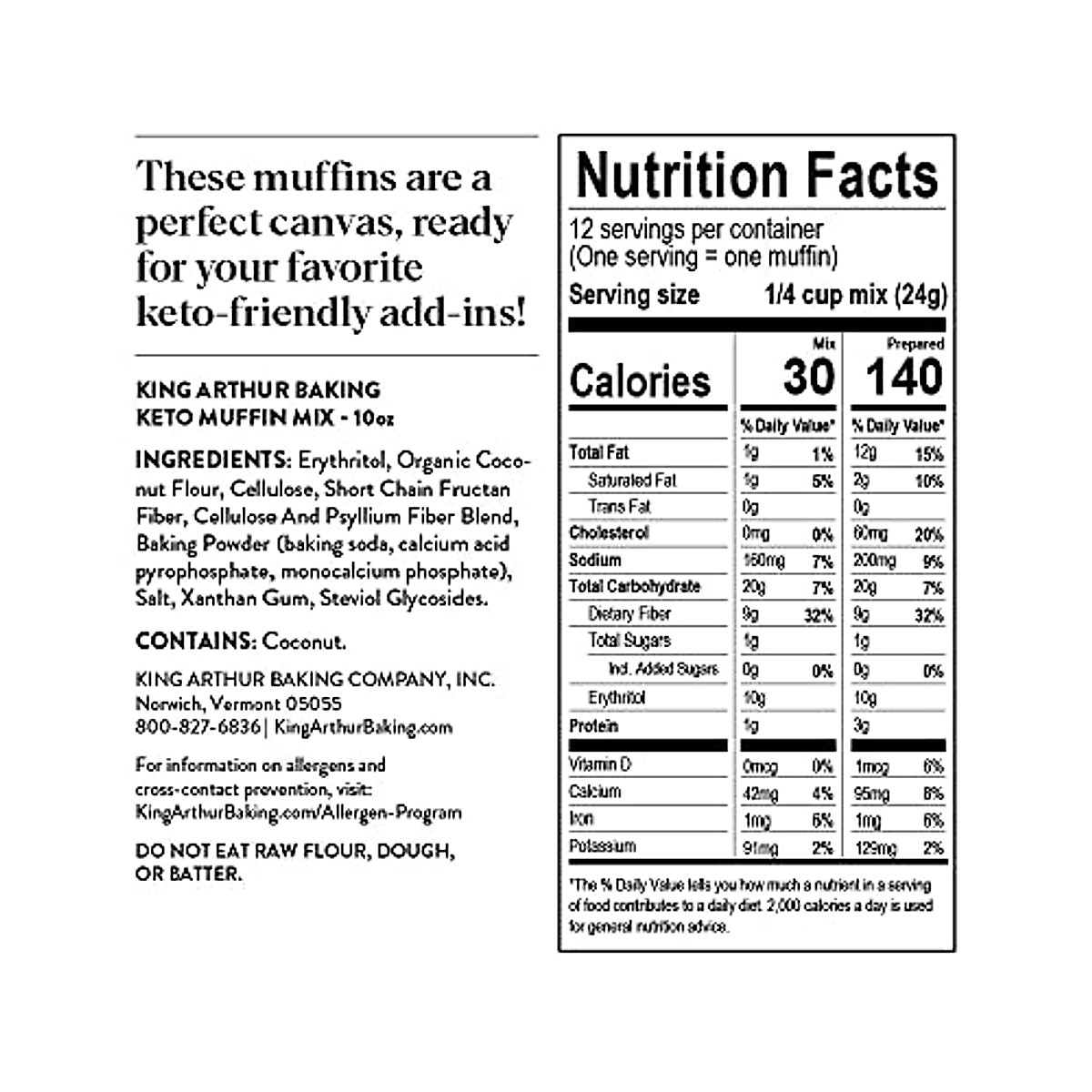 King Arthur Baking Keto Muffin Mix, All Purpose, 1g Net Carbs 0g Added Sugar Per Serving, Low Carb & Keto Friendly, 10 oz, White